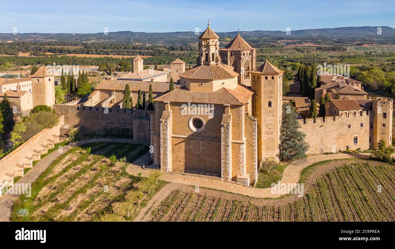 Aerial view of the Royal Abbey of Santa Maria de Poblet in Catalonia ...