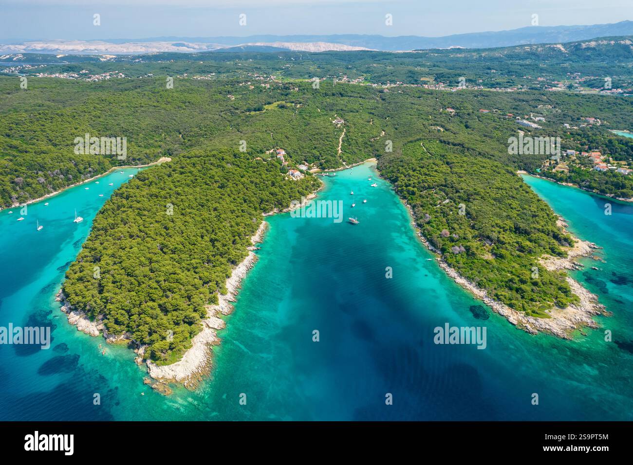 Aerial view of Rab Island beautiful coast in Dalmatia region of Croatia ...