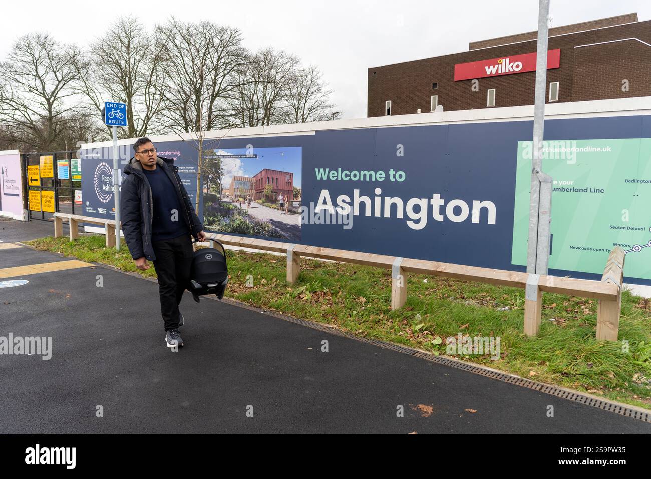 Ashington, Northumberland, UK. Welcome sign in the former mining town ...