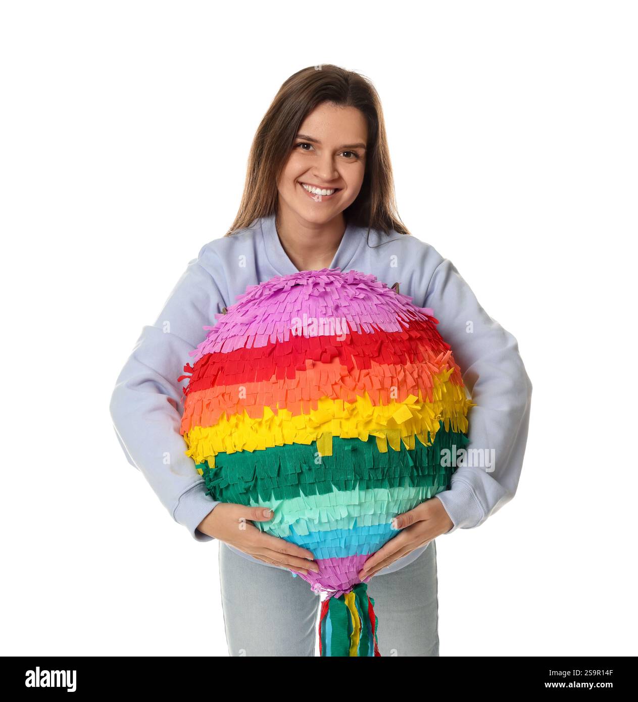 Happy woman with colorful pinata on white background Stock Photo - Alamy