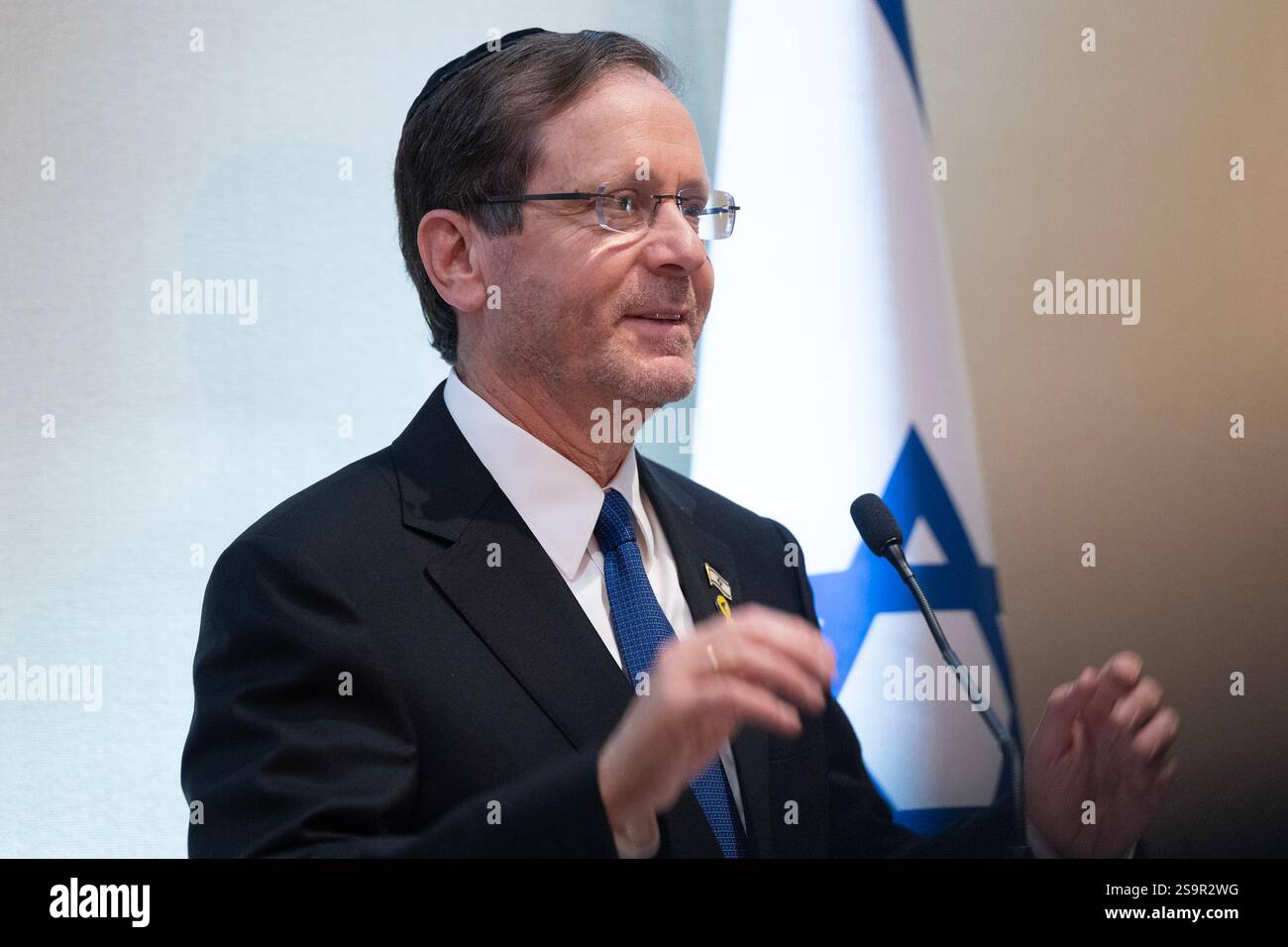 President of State of Israel Isaac Herzog speaks during grand opening ...