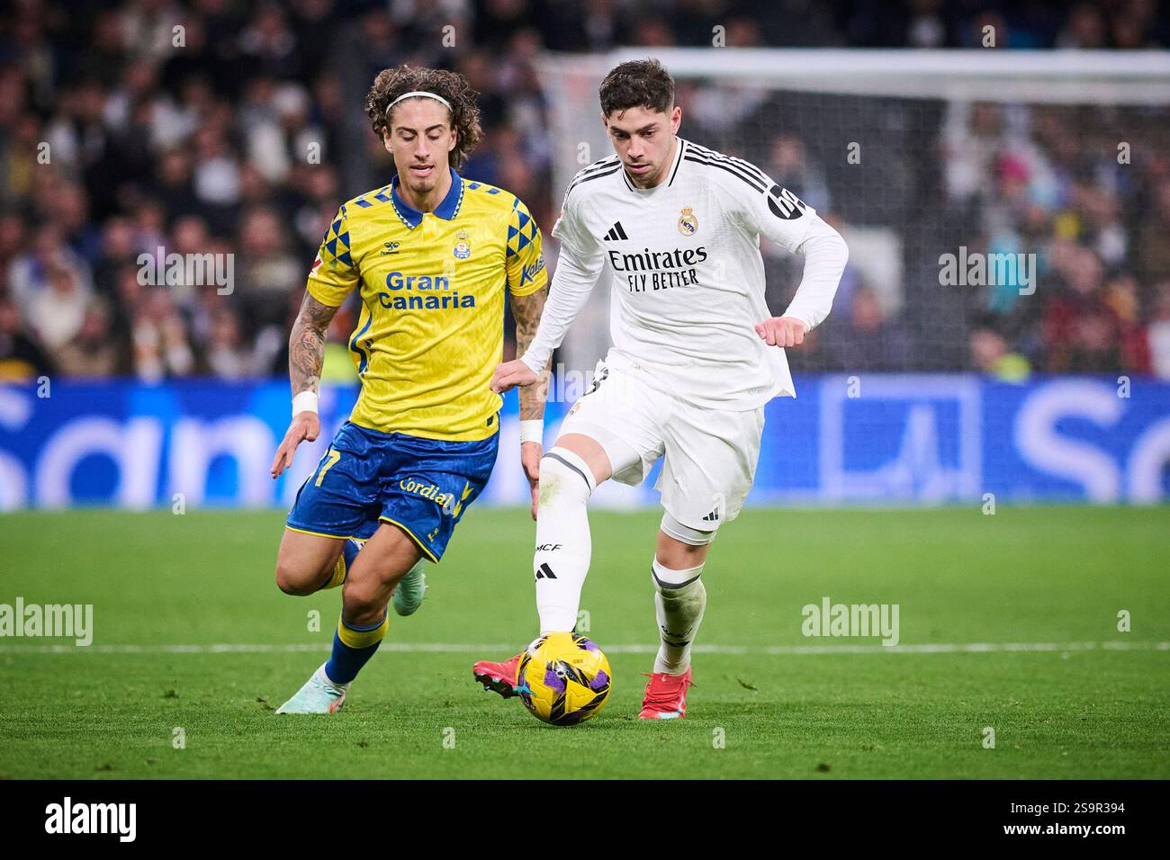 Madrid, Spain. 19th Jan, 2025. Real Madrid CF's Fede Valverde (r) and ...