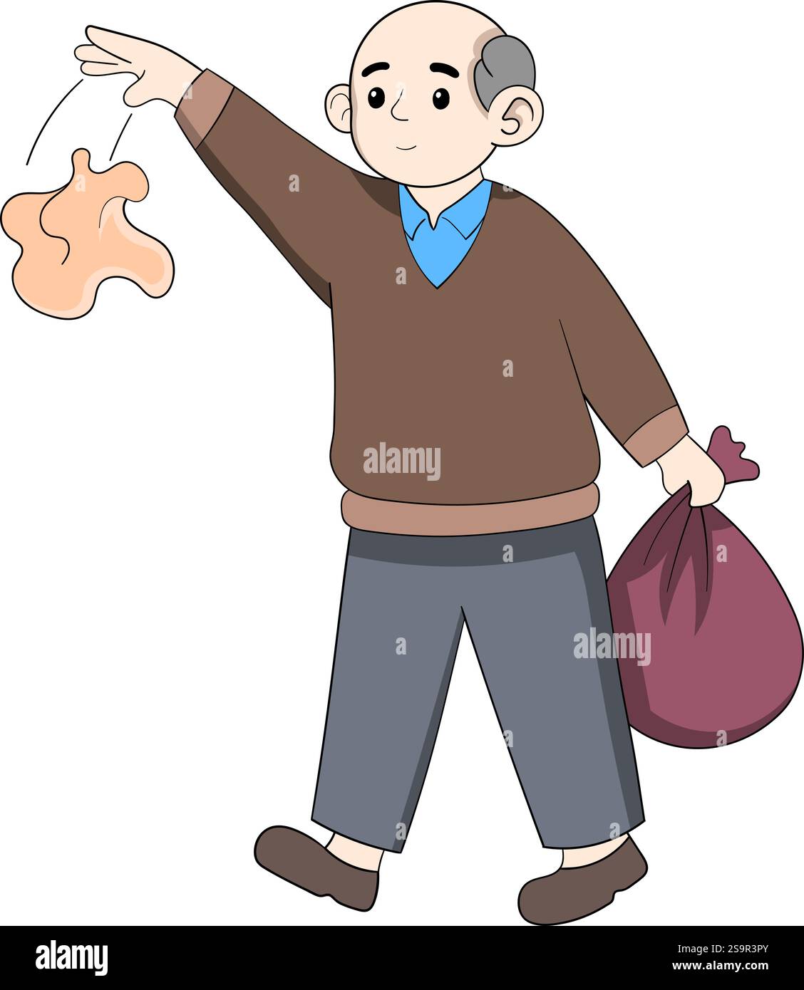 A detailed cartoon of a bald man in casual clothing carelessly ...