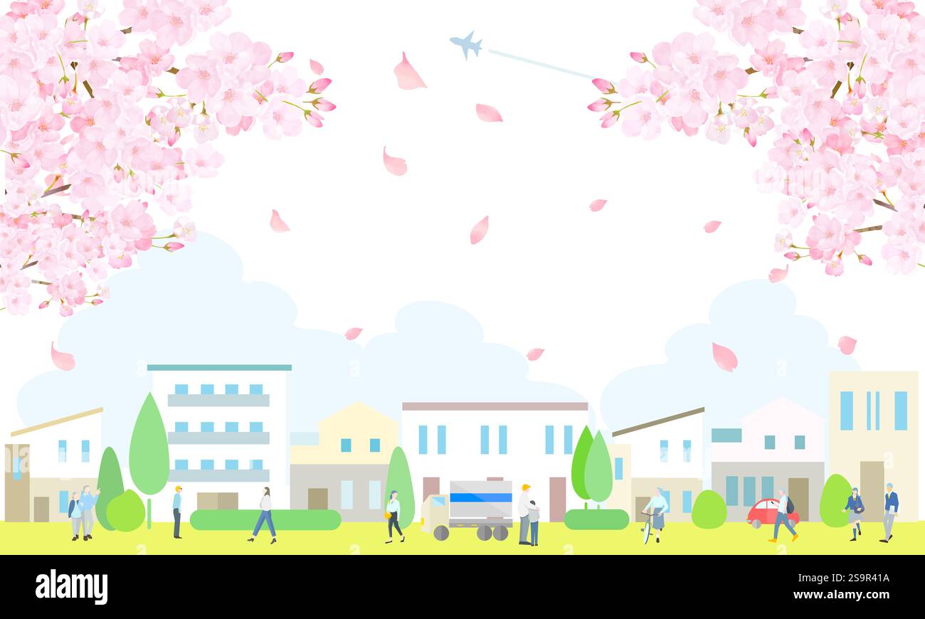 Vector illustration of a spring move, a cityscape and people ...
