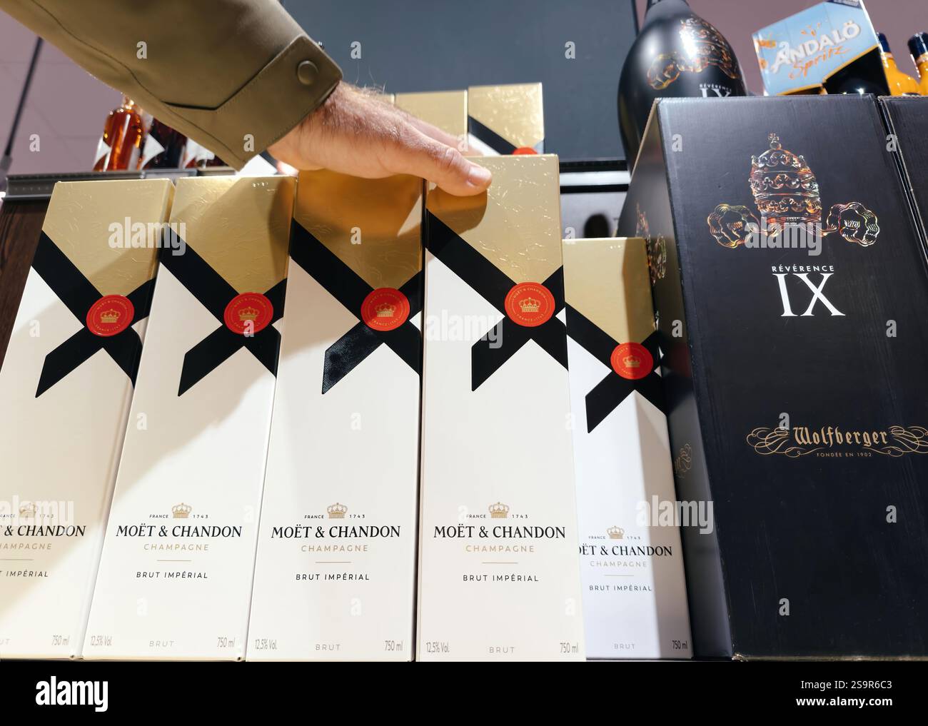 Frankfurt, Germany - Dec 30, 2024: A shelf displaying Moet and Chandon ...