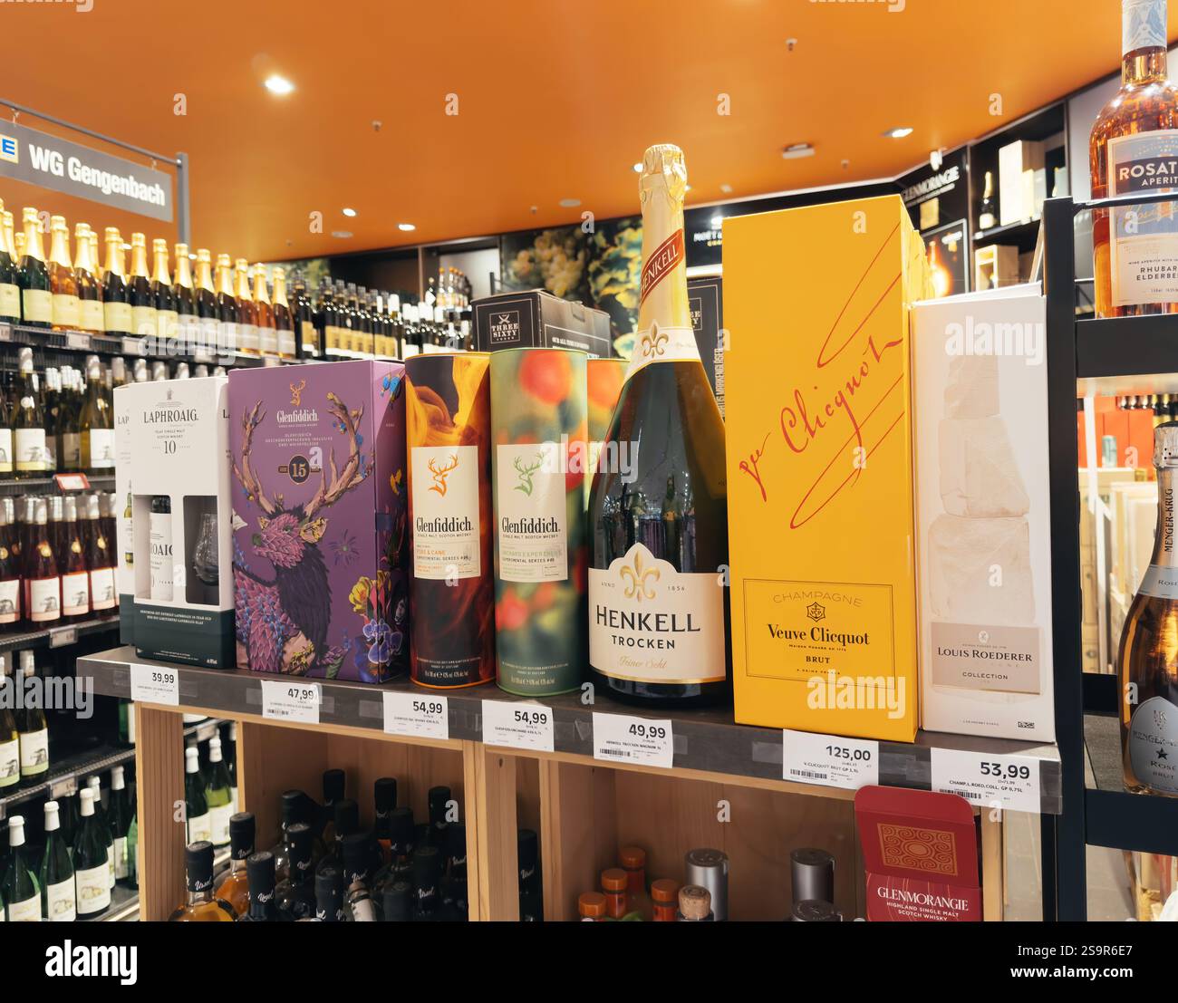 Frankfurt, Germany - Dec 30, 2024: A liquor store shelf featuring ...