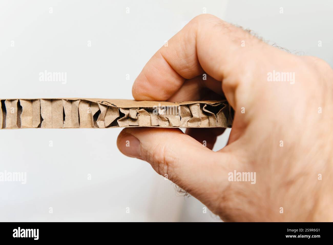 A hand holding a section of corrugated cardboard showcasing its layered ...