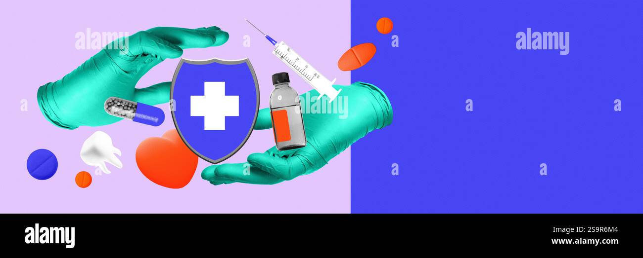 Doctors hands in gloves hold shield with medical cross, surrounded by ...