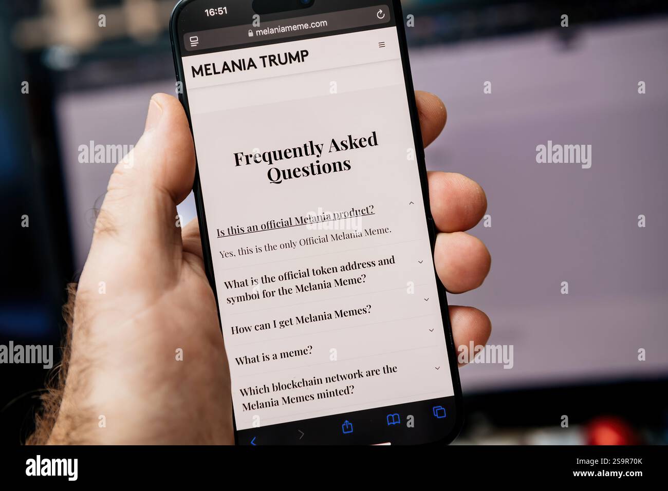 Paris, France - Jan 20, 2025: A smartphone screen displays the official Melania Meme FAQ page ...