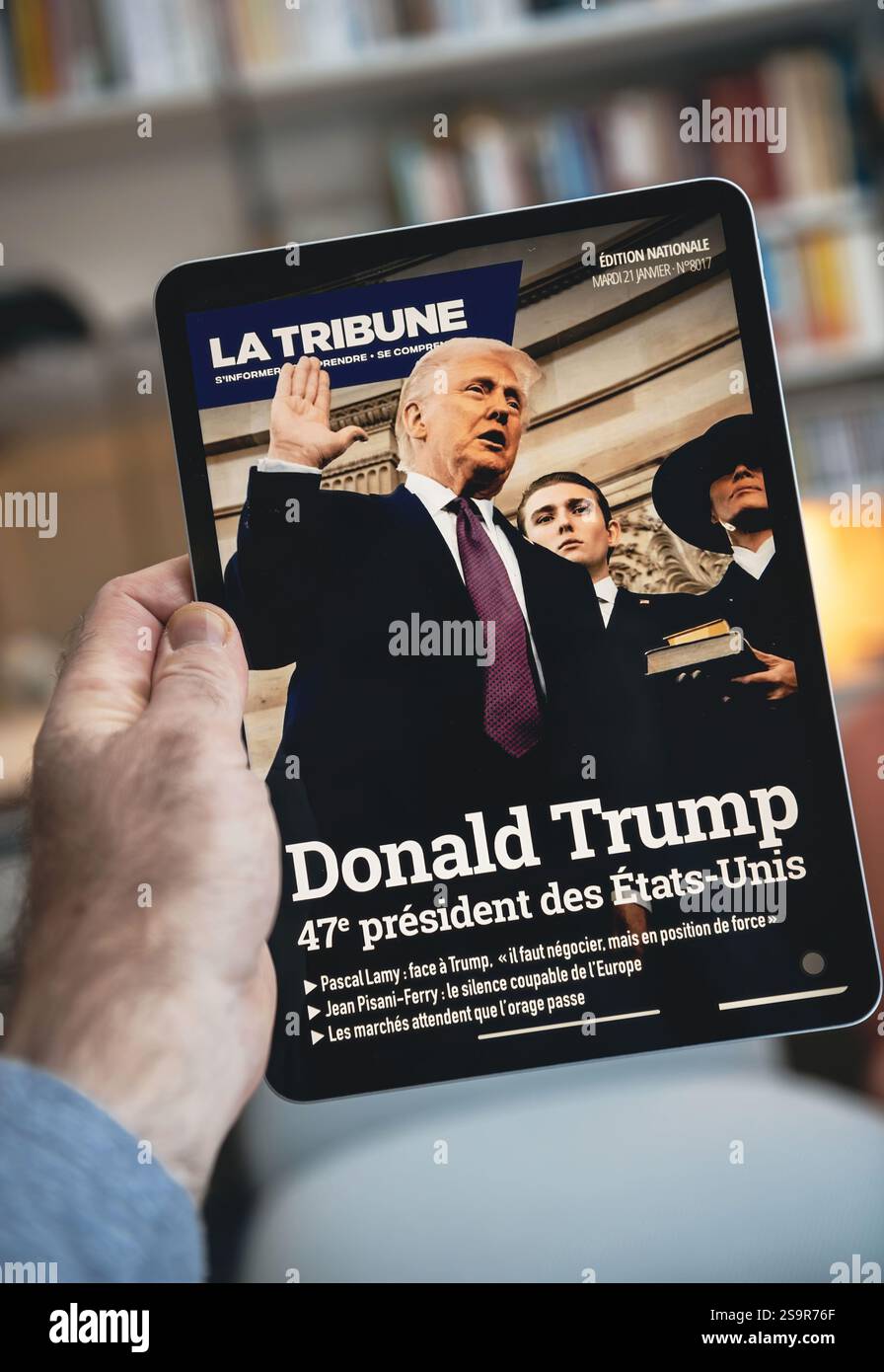 Paris, France - Jan 21, 2025: La Tribune's cover showcases Donald Trump ...
