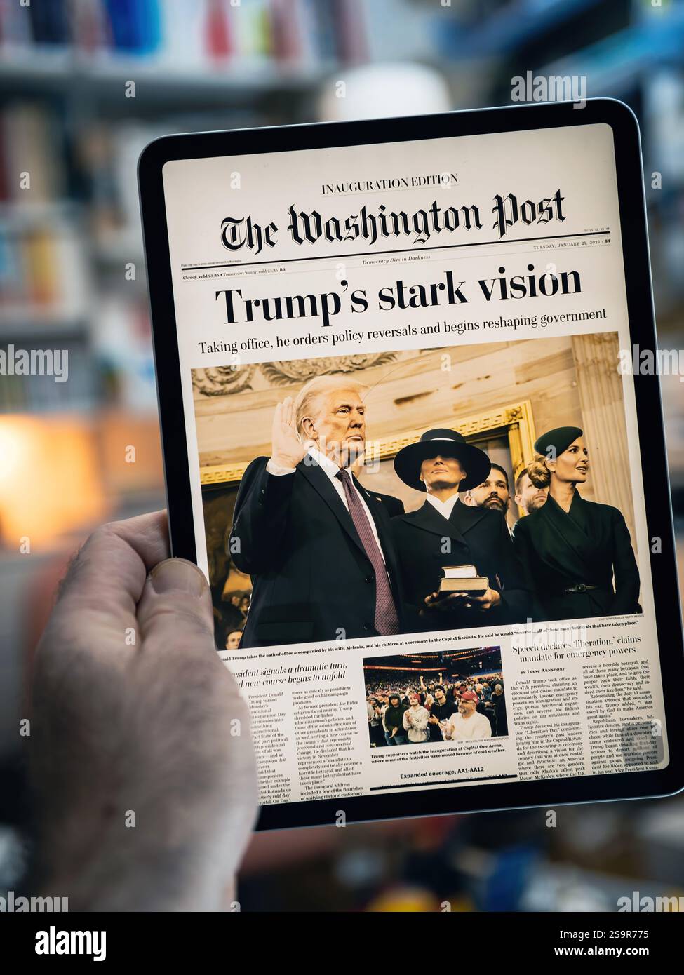 Paris, France - Jan 21, 2025: A digital version of The Washington Post on an iPad Pro featuring ...