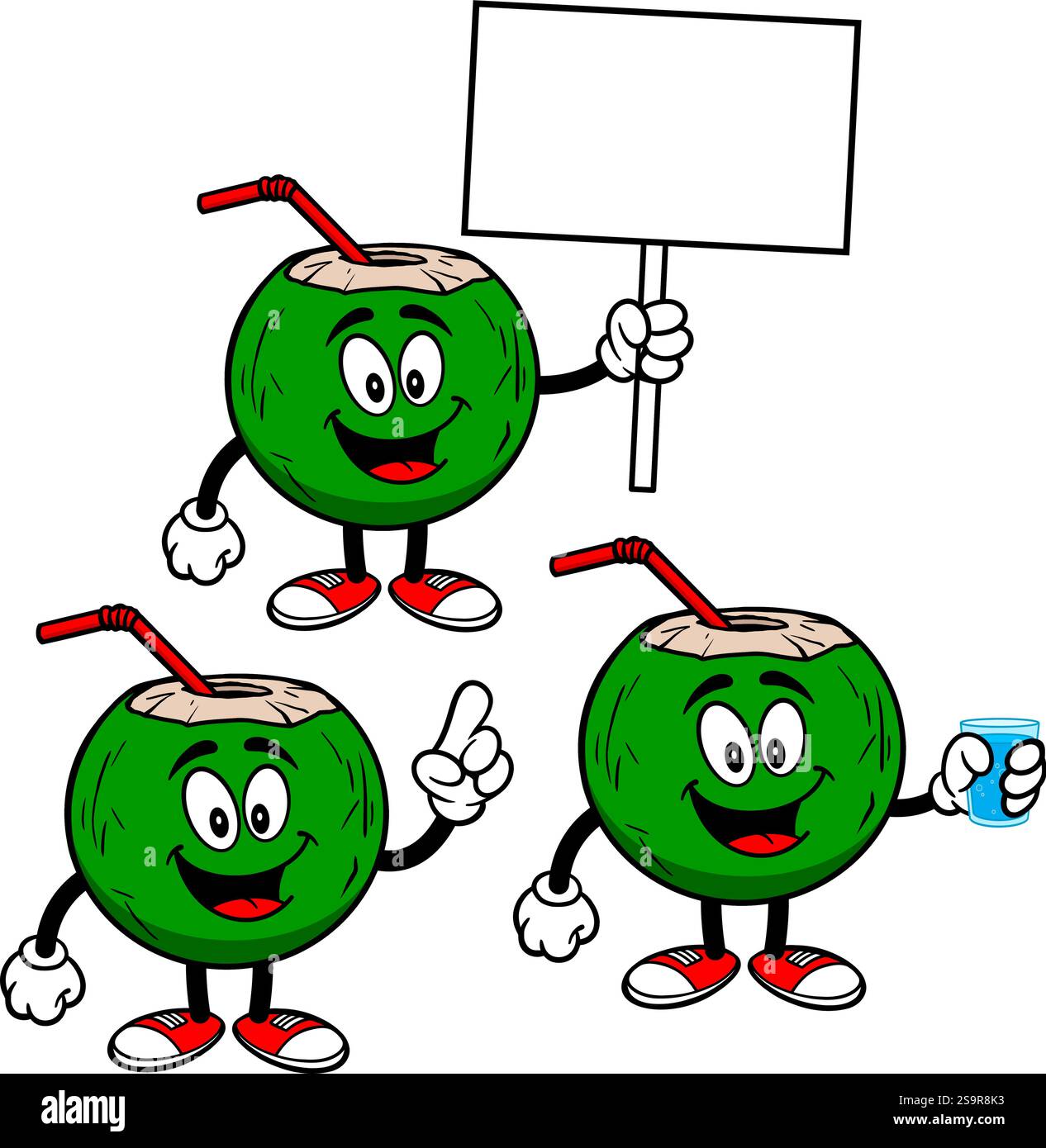 Coconut Water Character Set, Hand Drawn Vector illustrations, Isolated ...