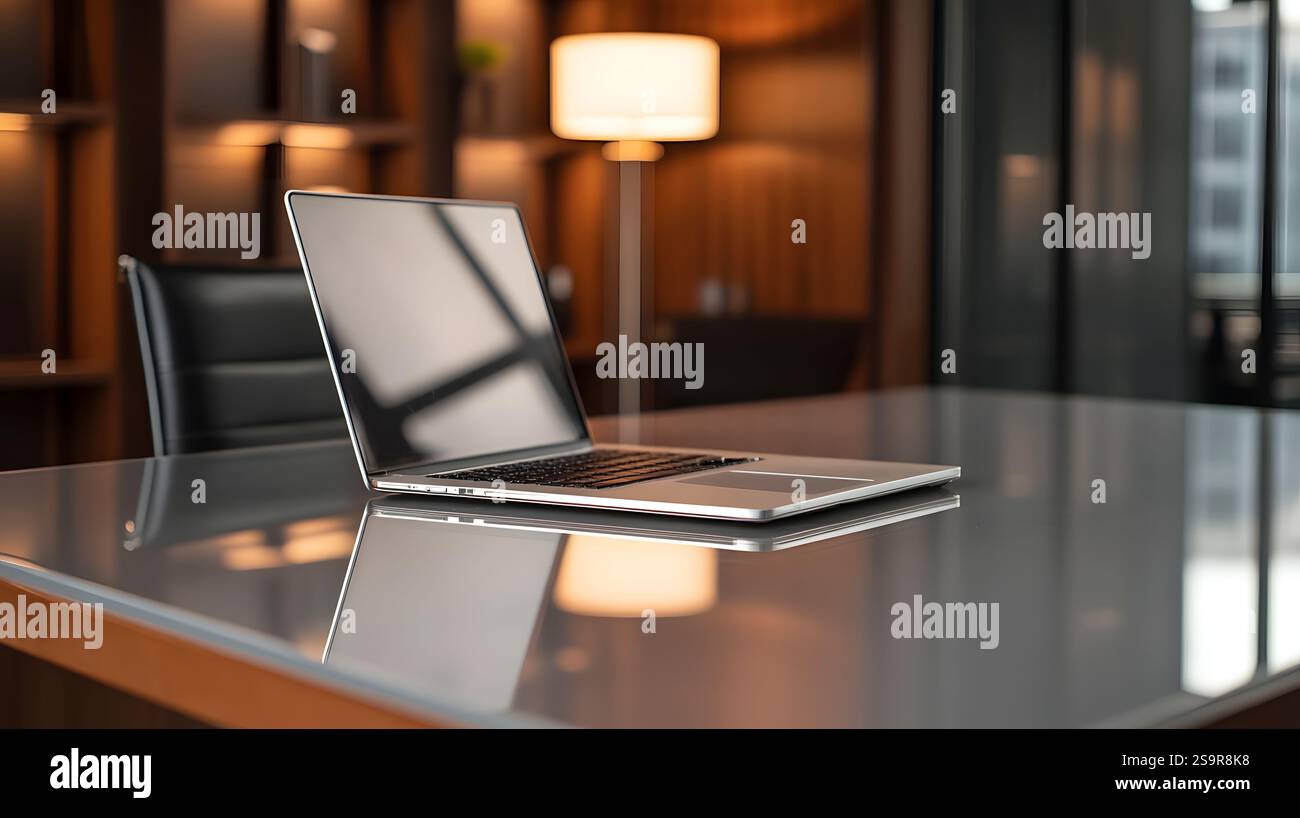 Polished Desk with Crystal-Clear Glass Top Reflecting Laptop and Notes ...