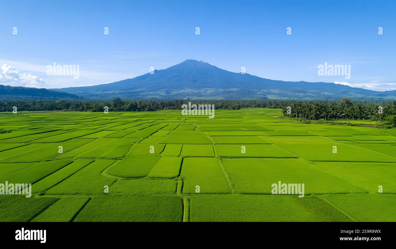 Aerial view of lush green rice paddy terraces with symmetrical ...