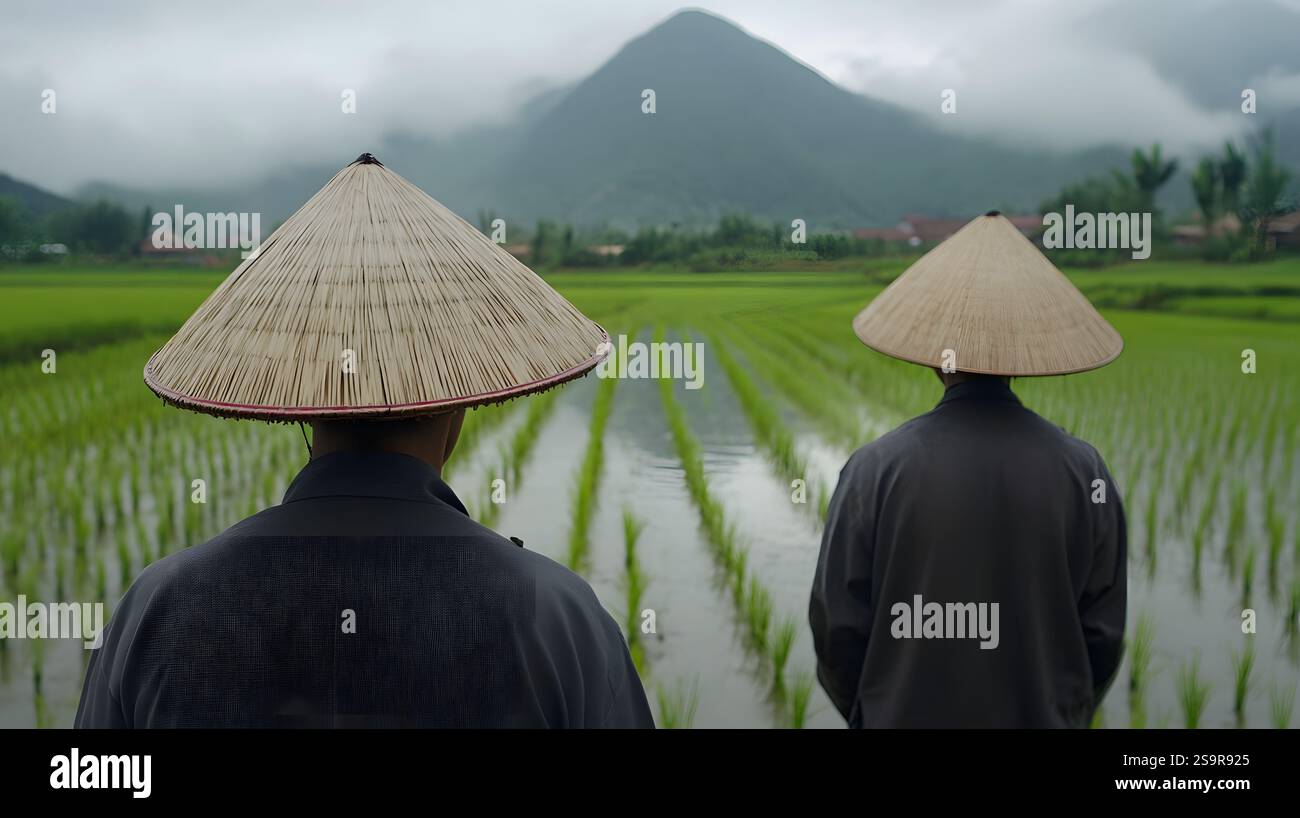 Traditional Rice Planting in Lush Flooded Fields with Farmers Wearing ...