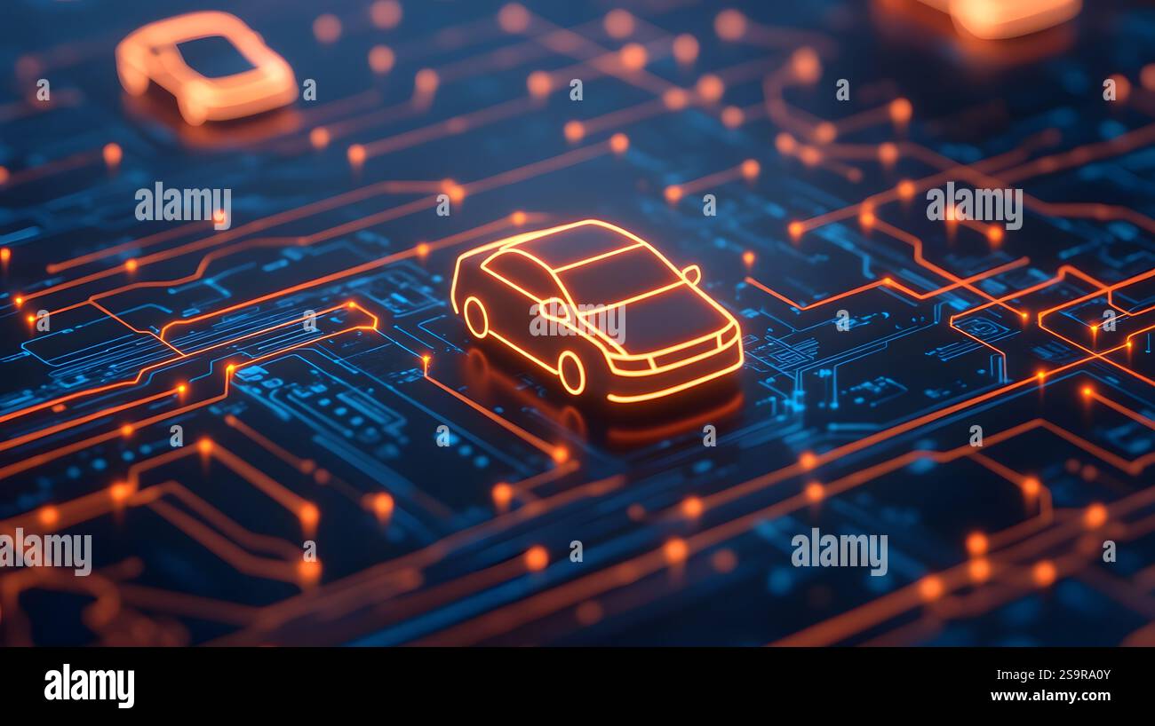 Simplified car icons and symbols on a connected city grid background ...