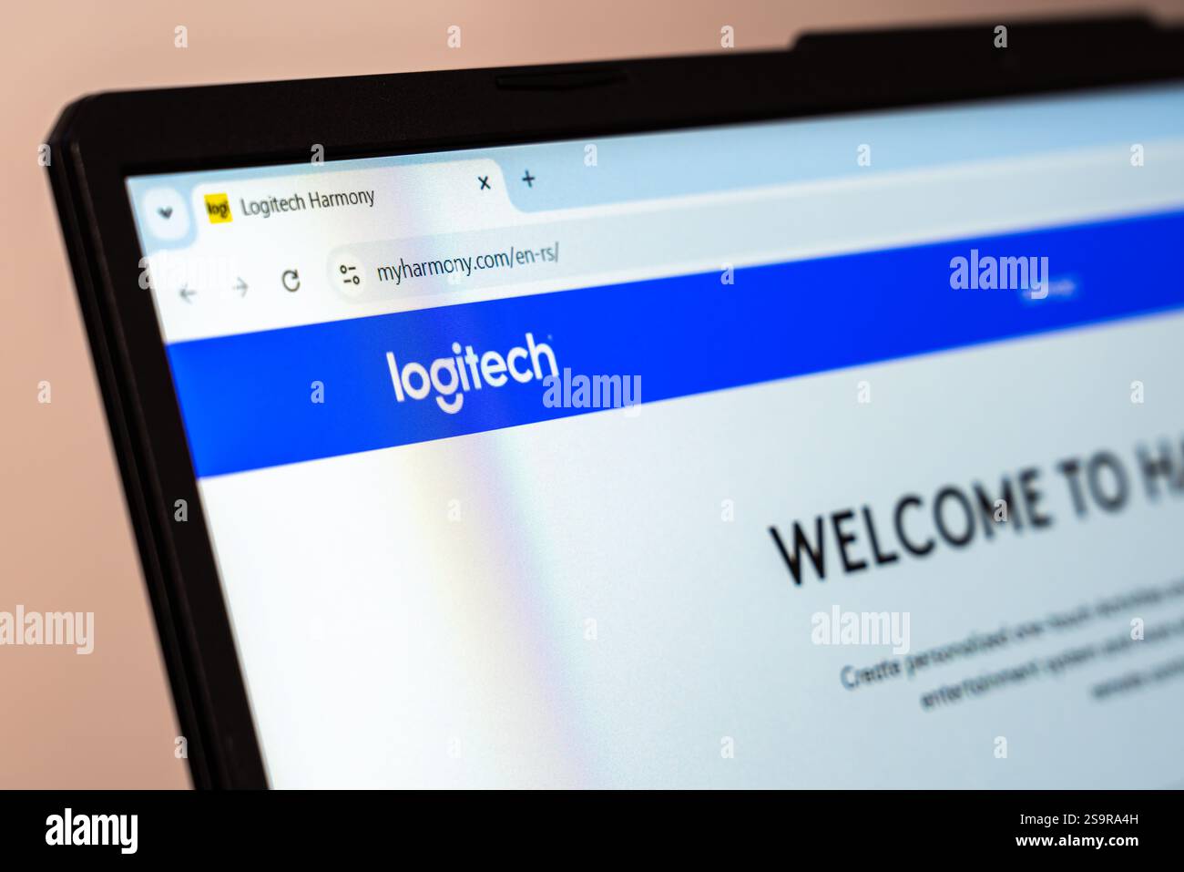 New York, USA - January 26, 2025: Logitech Harmony website homepage displaying brand logo and ...