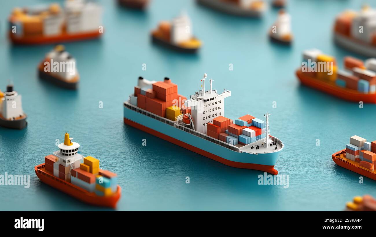 3D of a Dock with Various Ships and an Organized Logistics Network ...