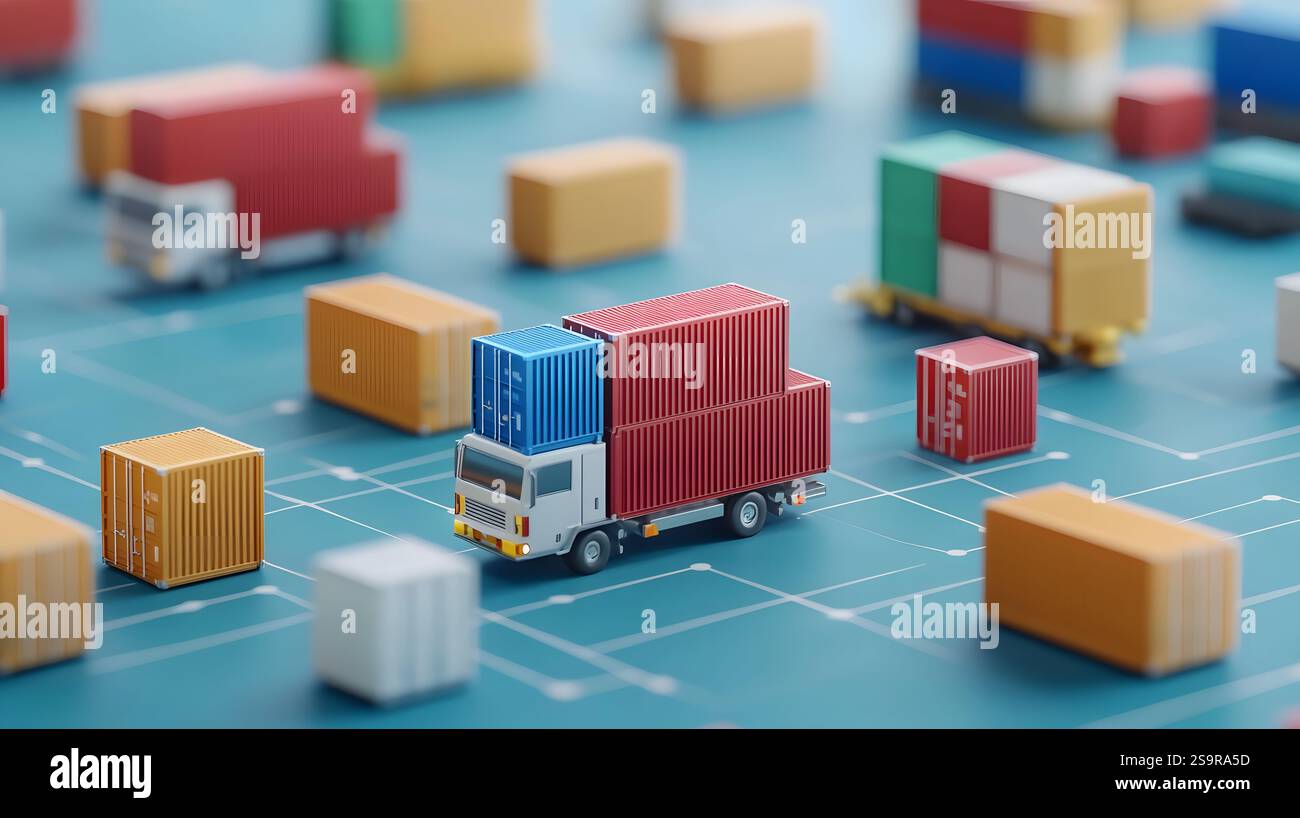 Cargo containers arranged in a geometric network pattern,representing ...