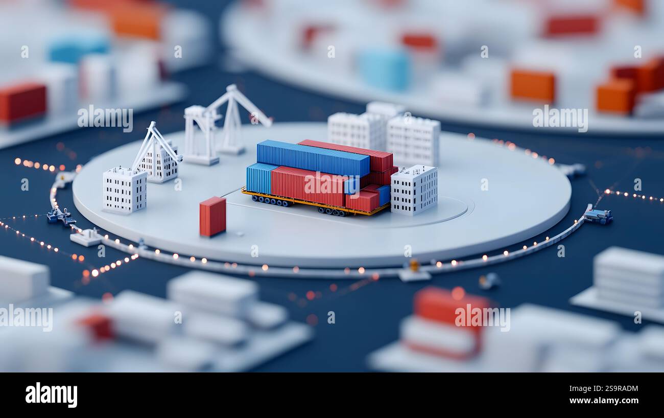 Futuristic 3D depicting a circular diagram with interconnected ports ...