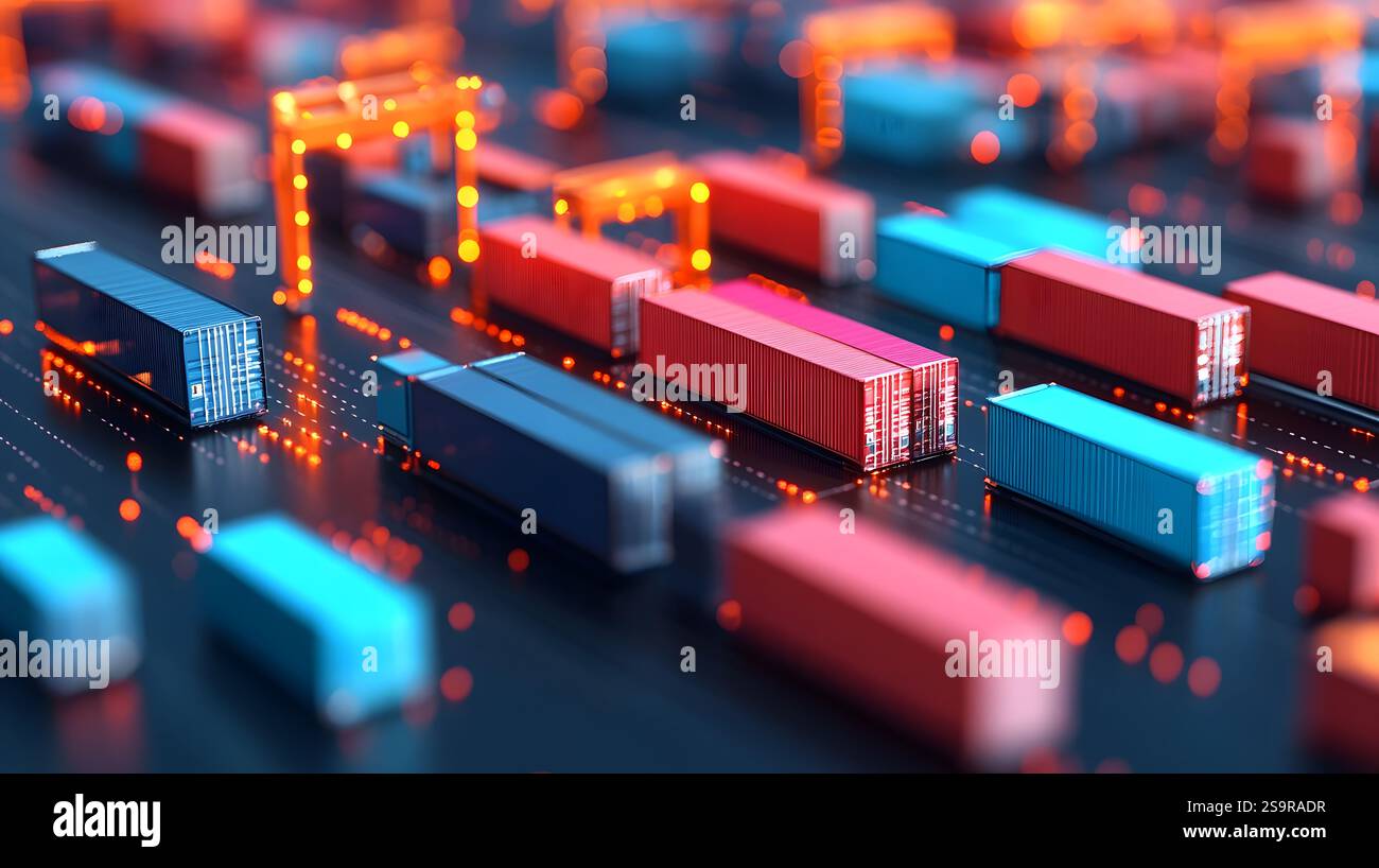 Interconnected ports,container ships,trucks,and trains forming a ...