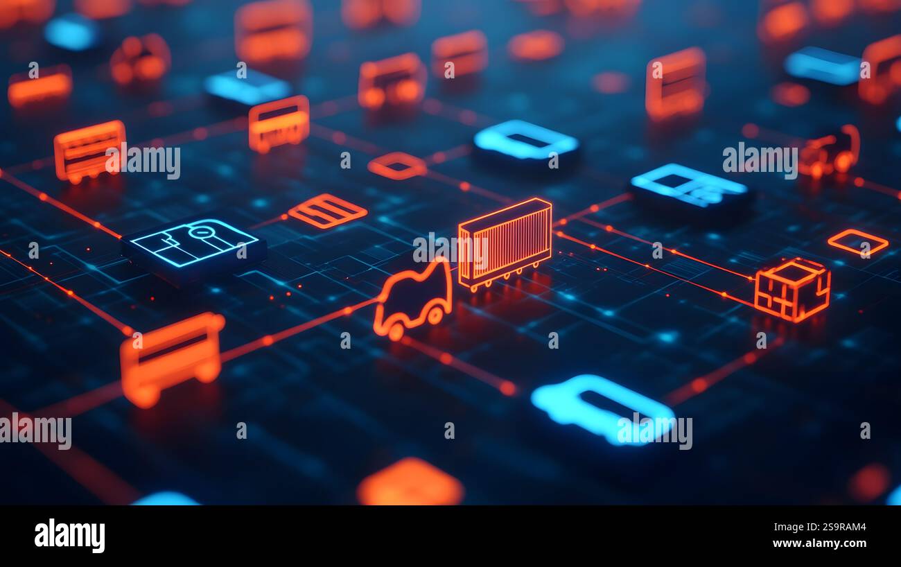 Seamless Cargo Transport Network with Glowing Digital Pathways and ...