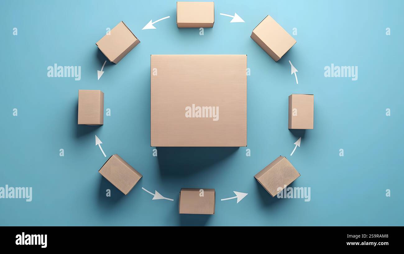 Simplified cargo box encircled by a flow of coordinating arrows ...