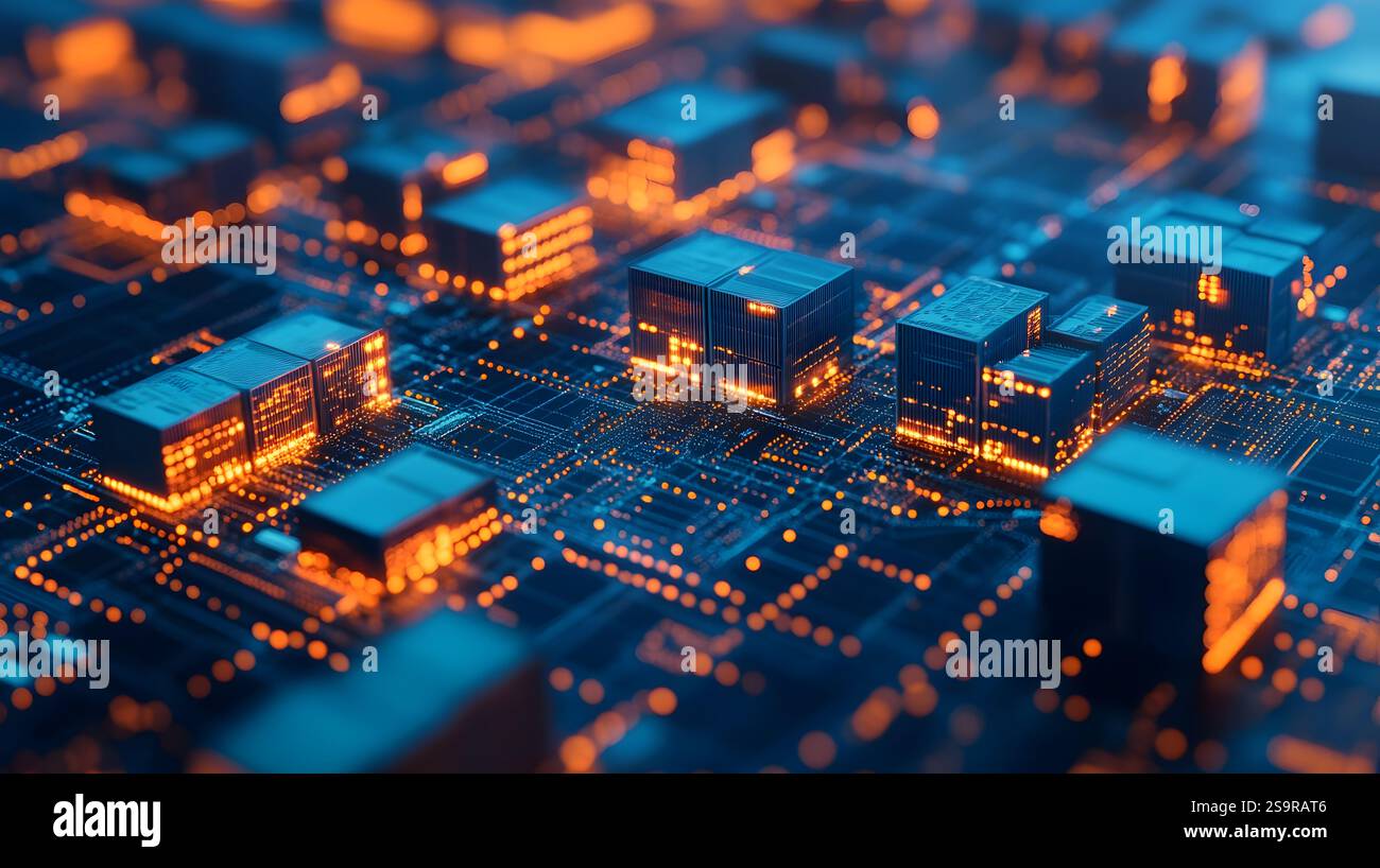 Futuristic technological distribution network with highlighted hubs,showcasing an optimized and ...