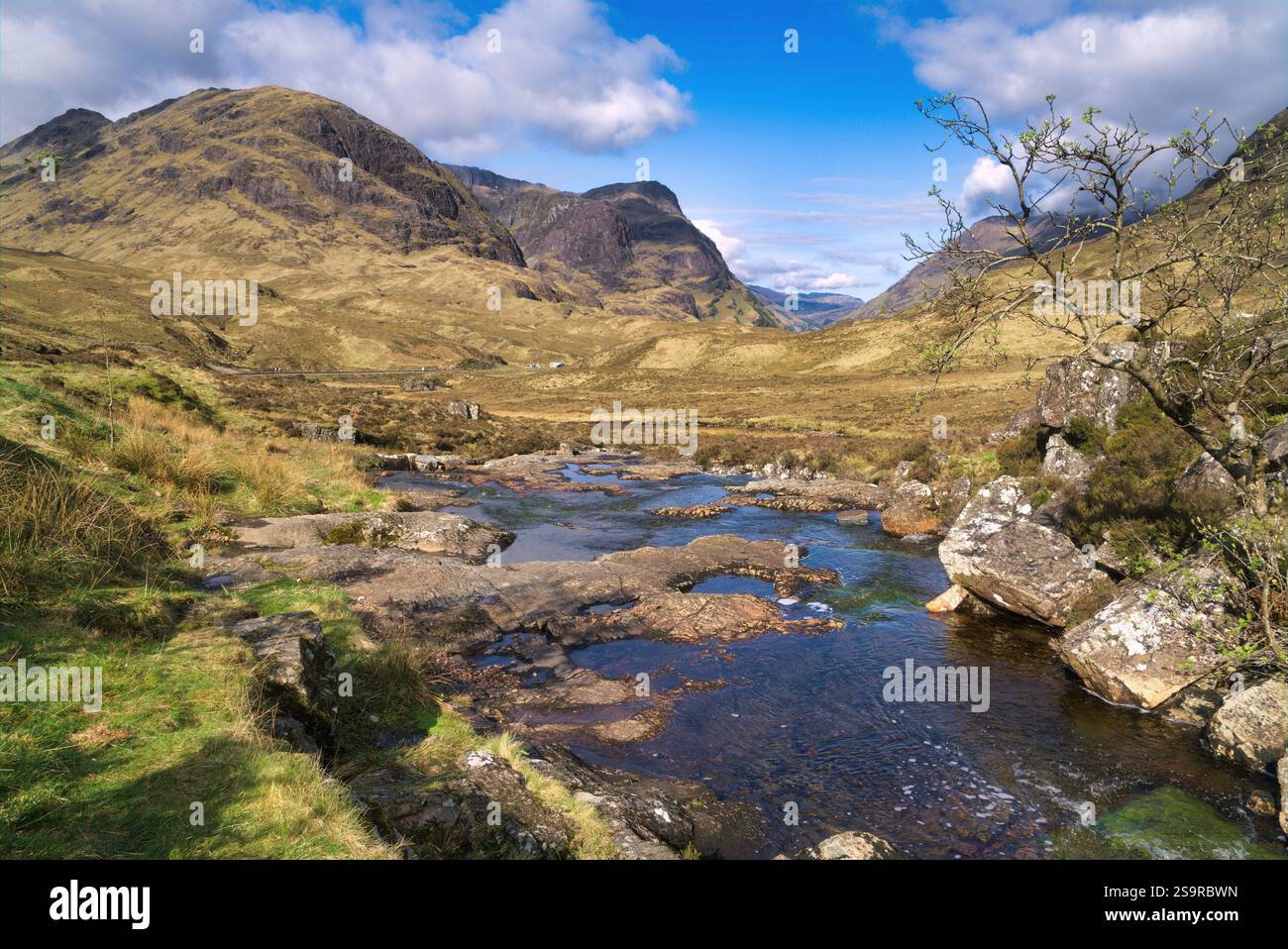 Looking west down over River Coe at parking place on A82 at the eastern ...