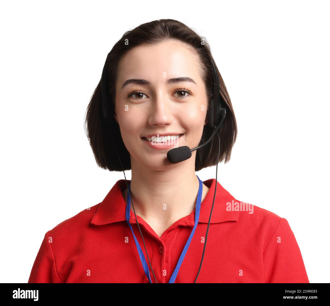Technical support call center. Portrait of smiling operator on white ...