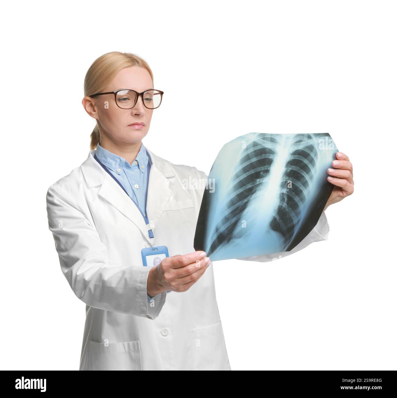 Doctor examining chest x-ray on white background Stock Photo - Alamy