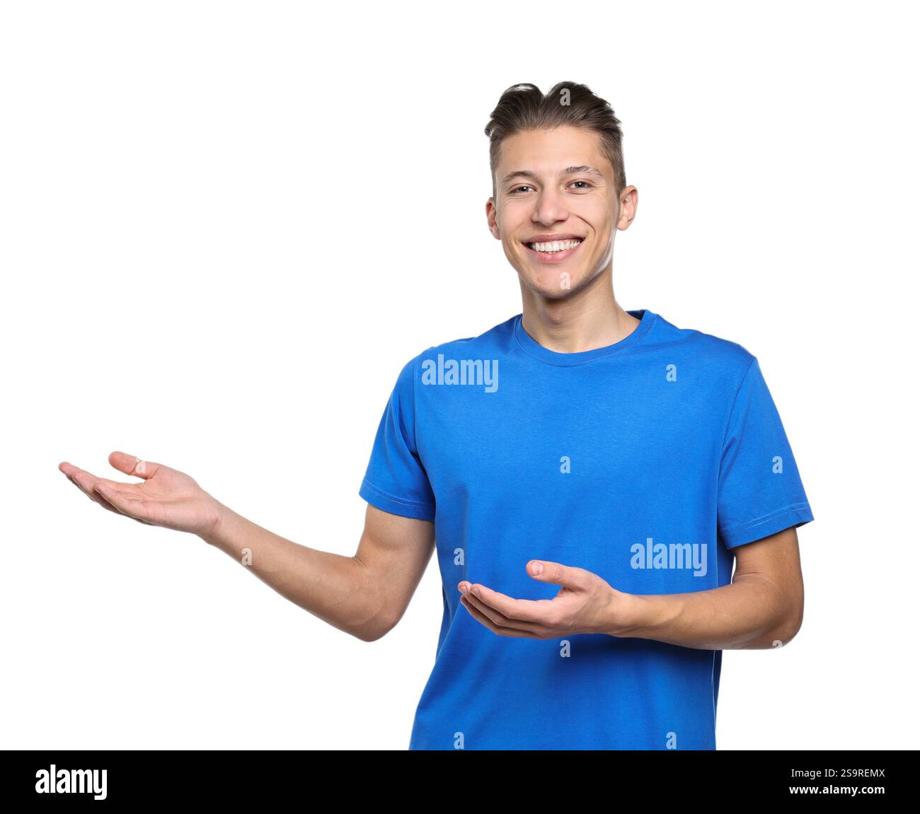 Happy man welcoming friends or guests on white background Stock Photo ...