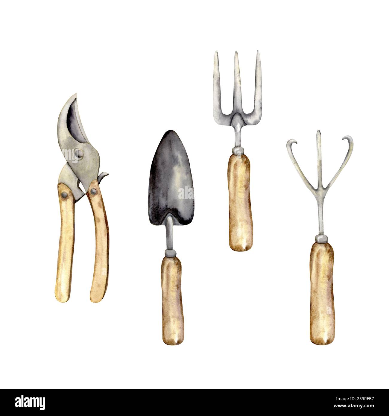 Set of watercolor gardening tools Stock Photo - Alamy