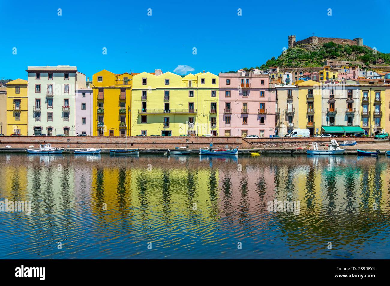 View of colorful houses with water reflections in the Temo river in the ...