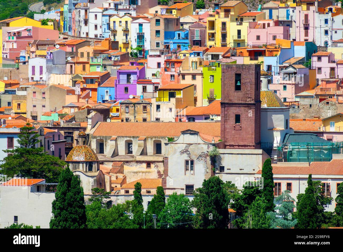 View of colorful houses in the old village of Bosa, Sardinia island ...