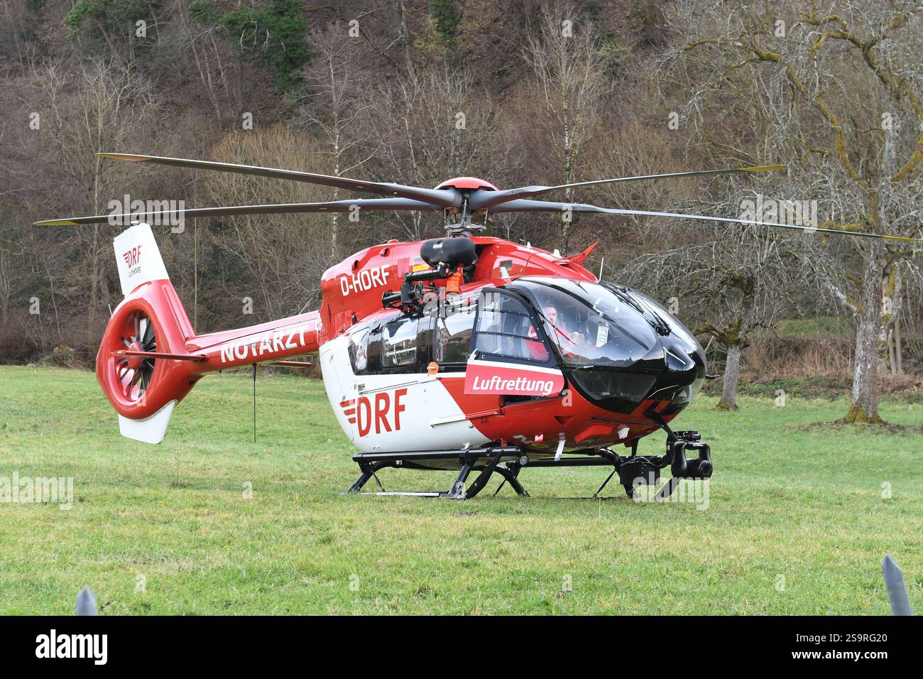 Ein Rettungshubschrauber steht bei einem Einsatz auf einer Wiese im ...