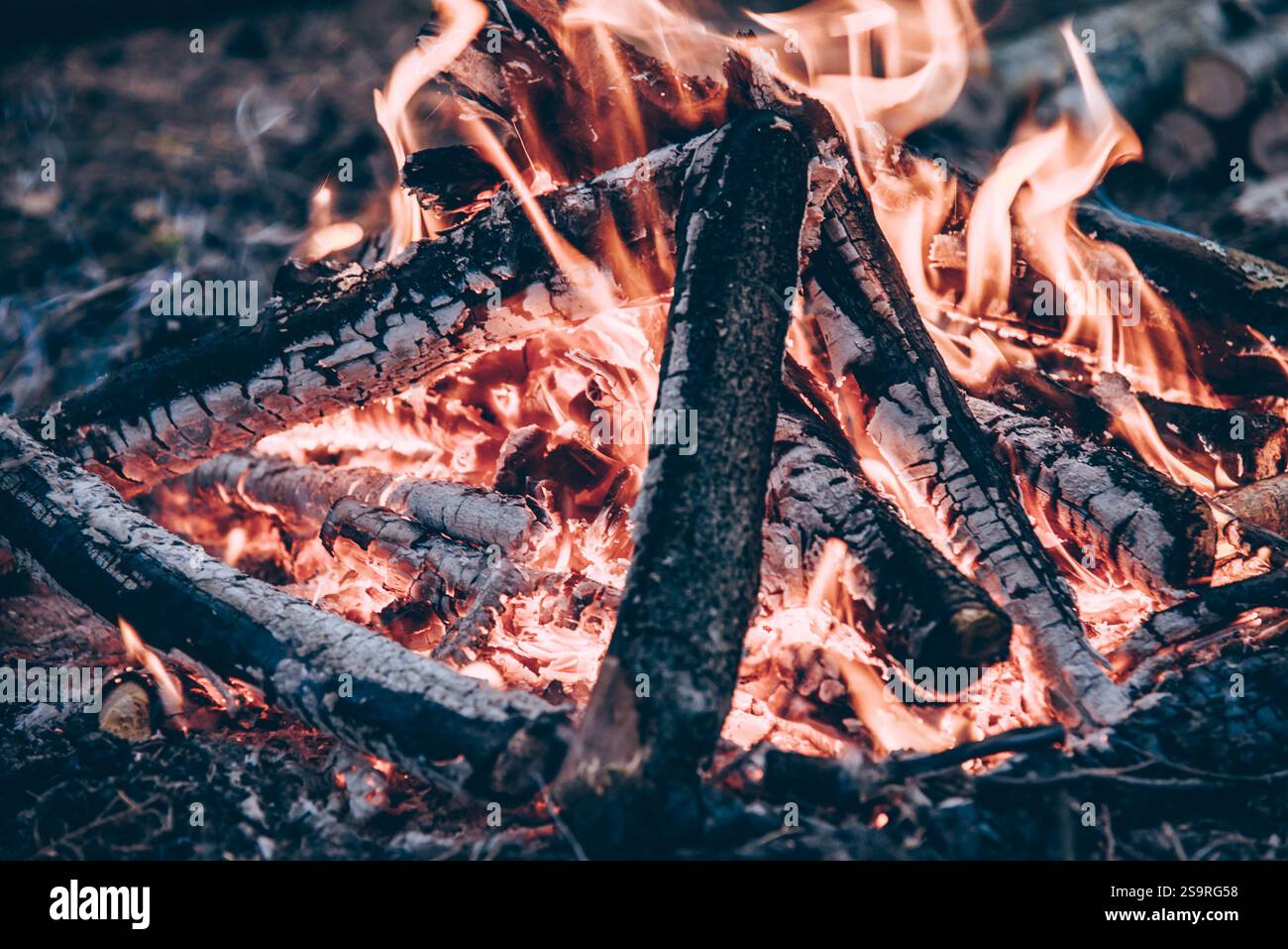 Campfire at the tourist campsite, hiking tourism on weekend vacation ...
