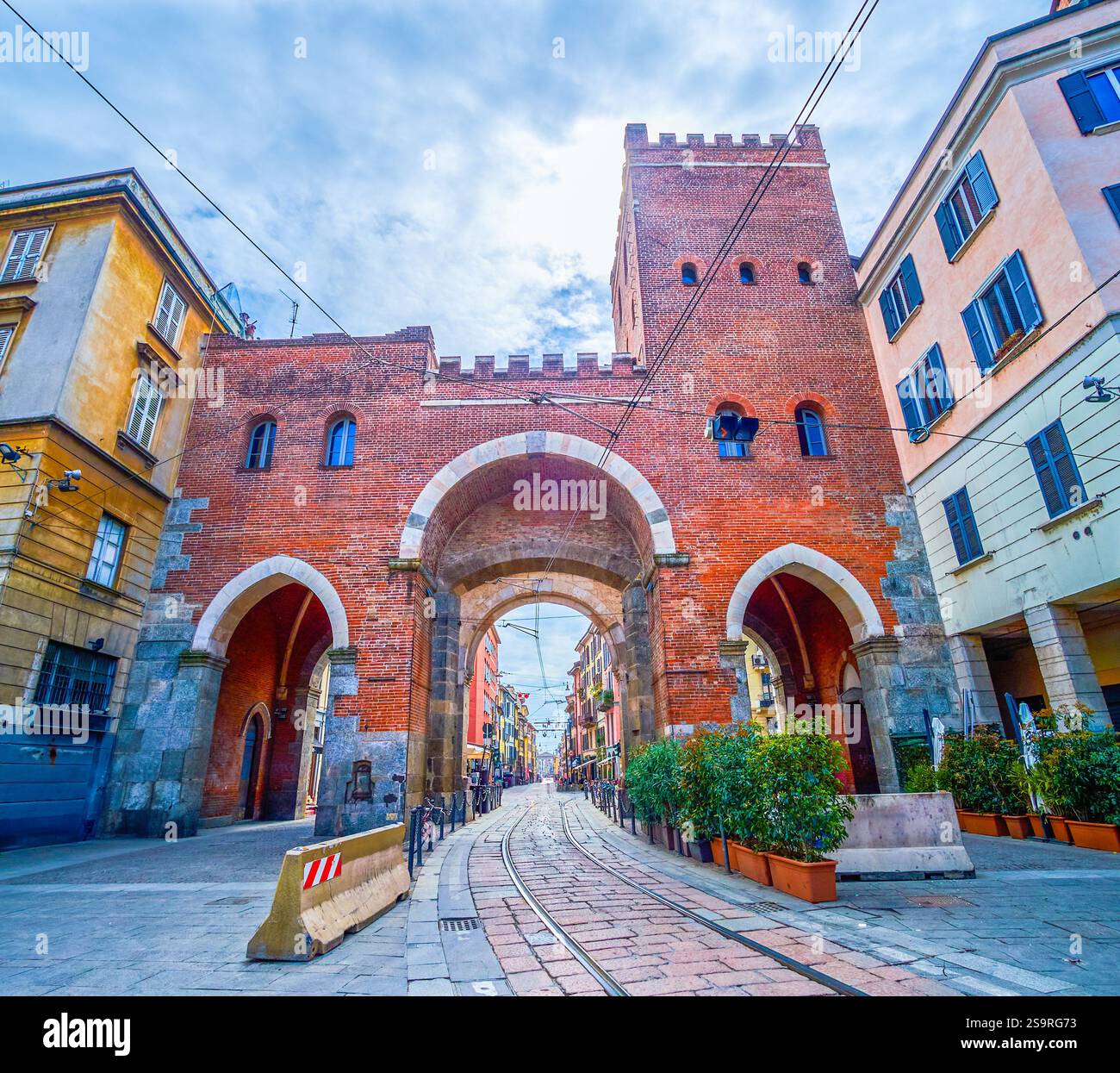The historic medieval Porta Ticinese Gate in Milan’s city center, with ...