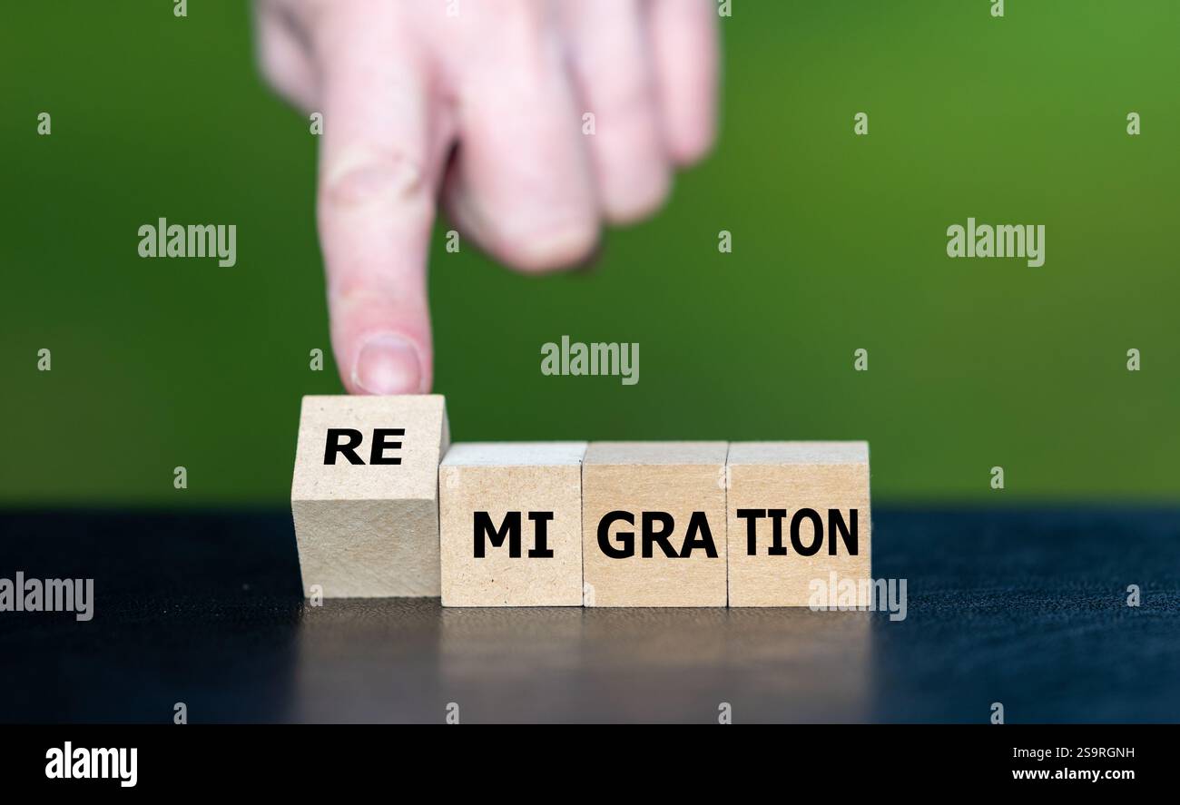 Hand turns cube and changes the word 'migration' to 'Remigration' Stock ...