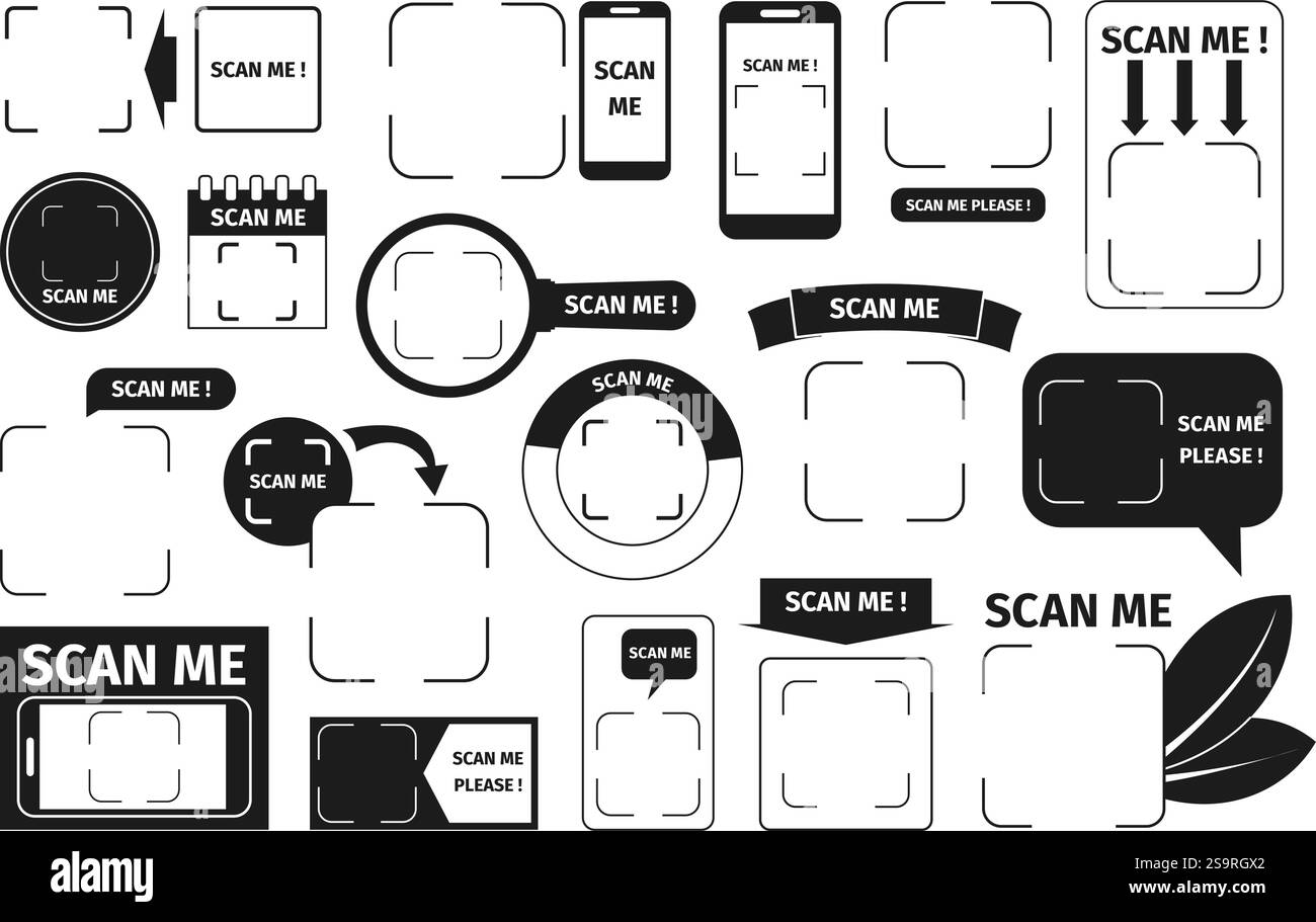 Empty qr codes frames set. Scan me electronic payments barcodes for e ...