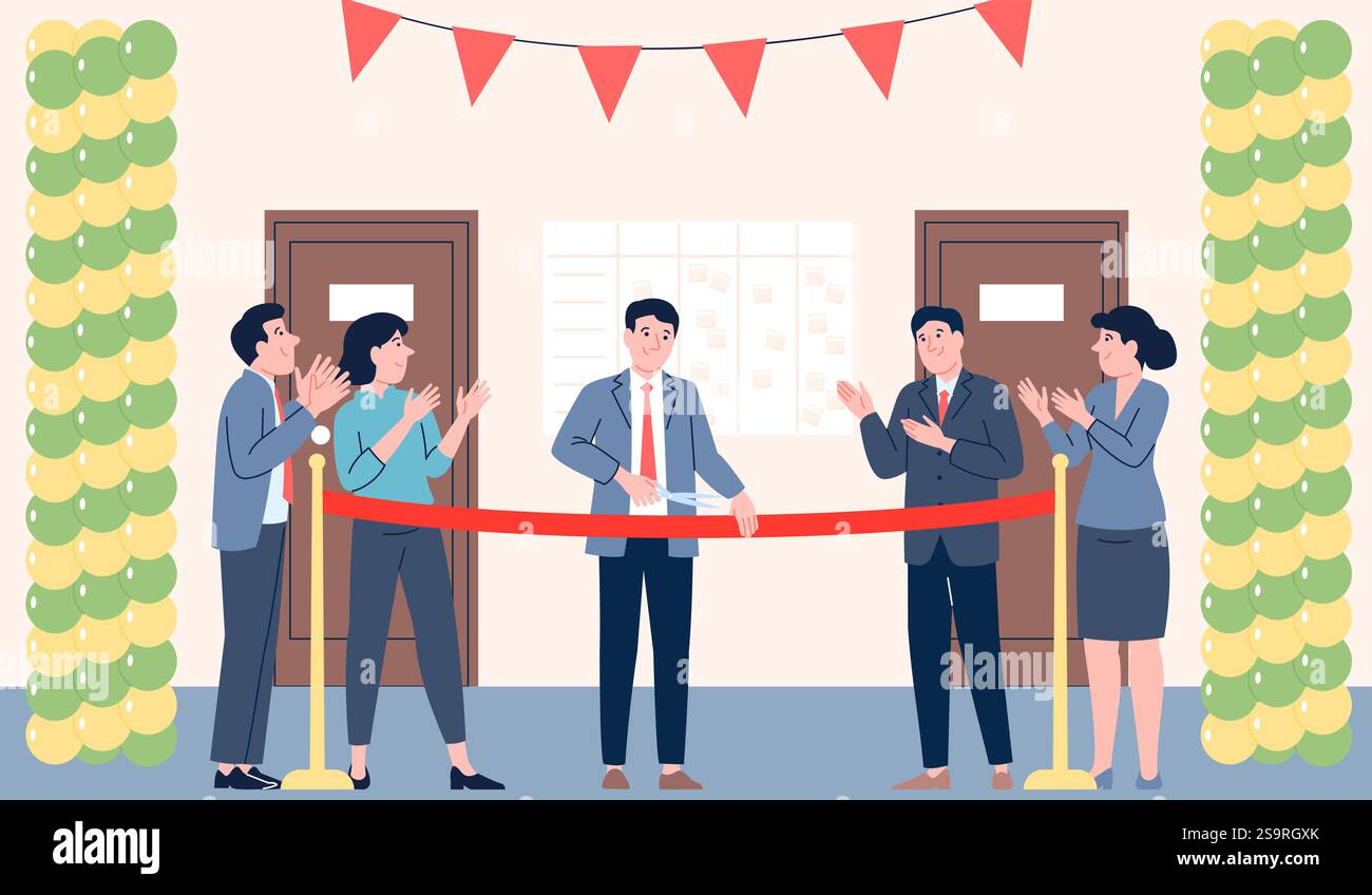 Opening ceremony. Owner boss cutting red ribbon on inauguration new ...