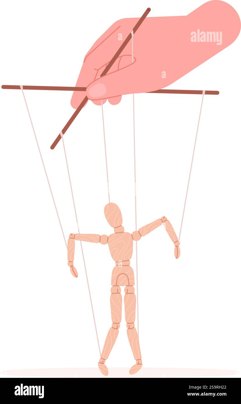 Wood puppet on strings. Manipulation on work, social life or family ...