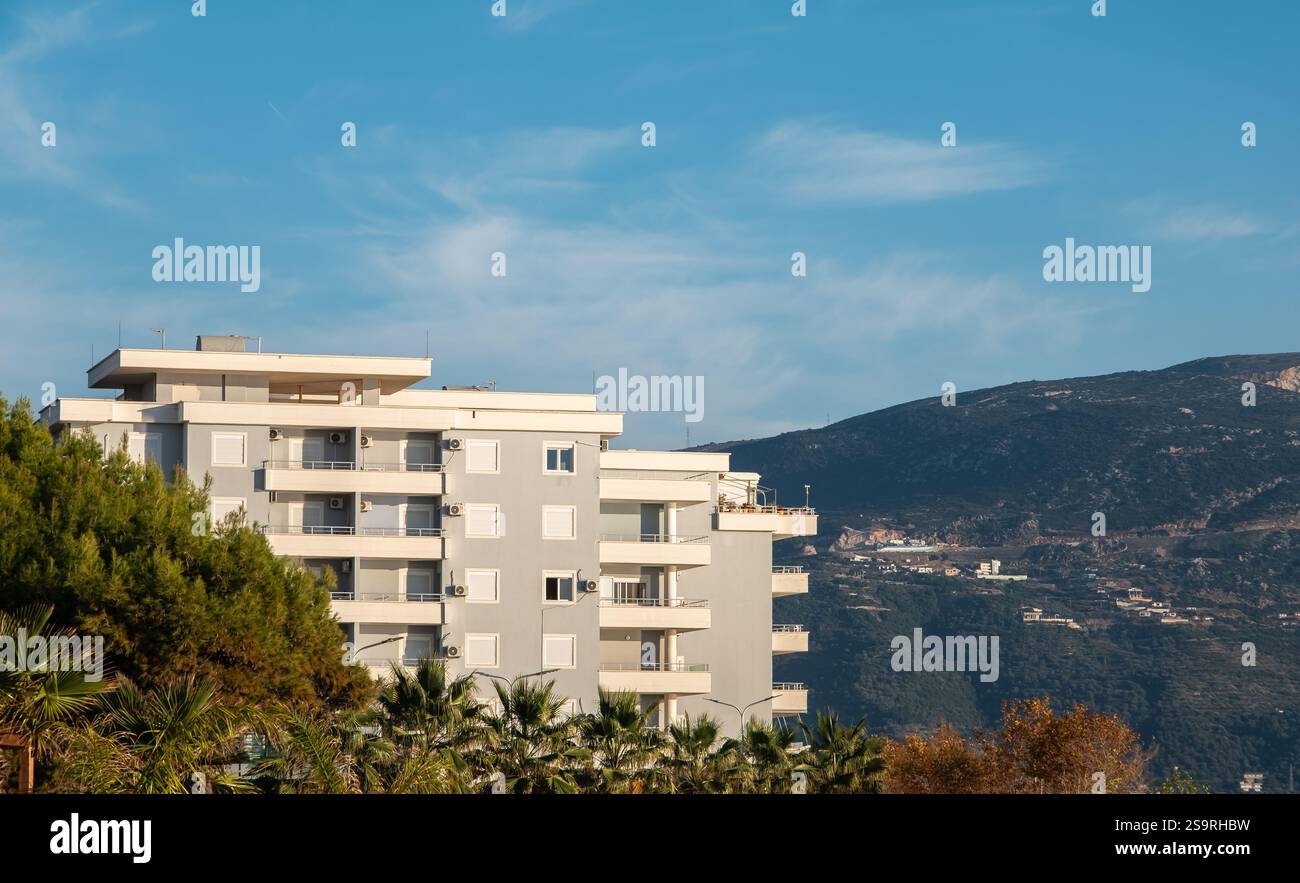 Modern residential flat apartment building exterior. Construction of ...