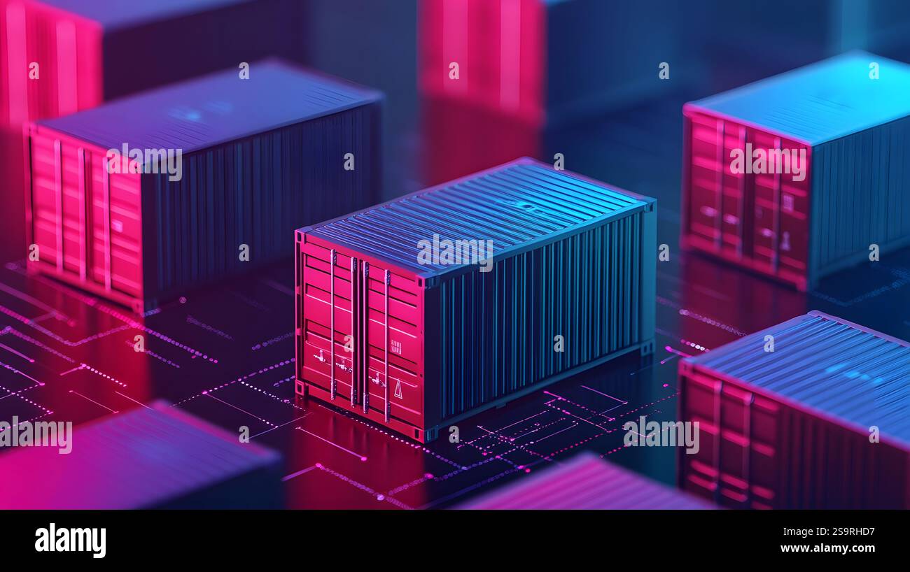 Isometric cargo containers with tracking symbols showcasing the focus ...