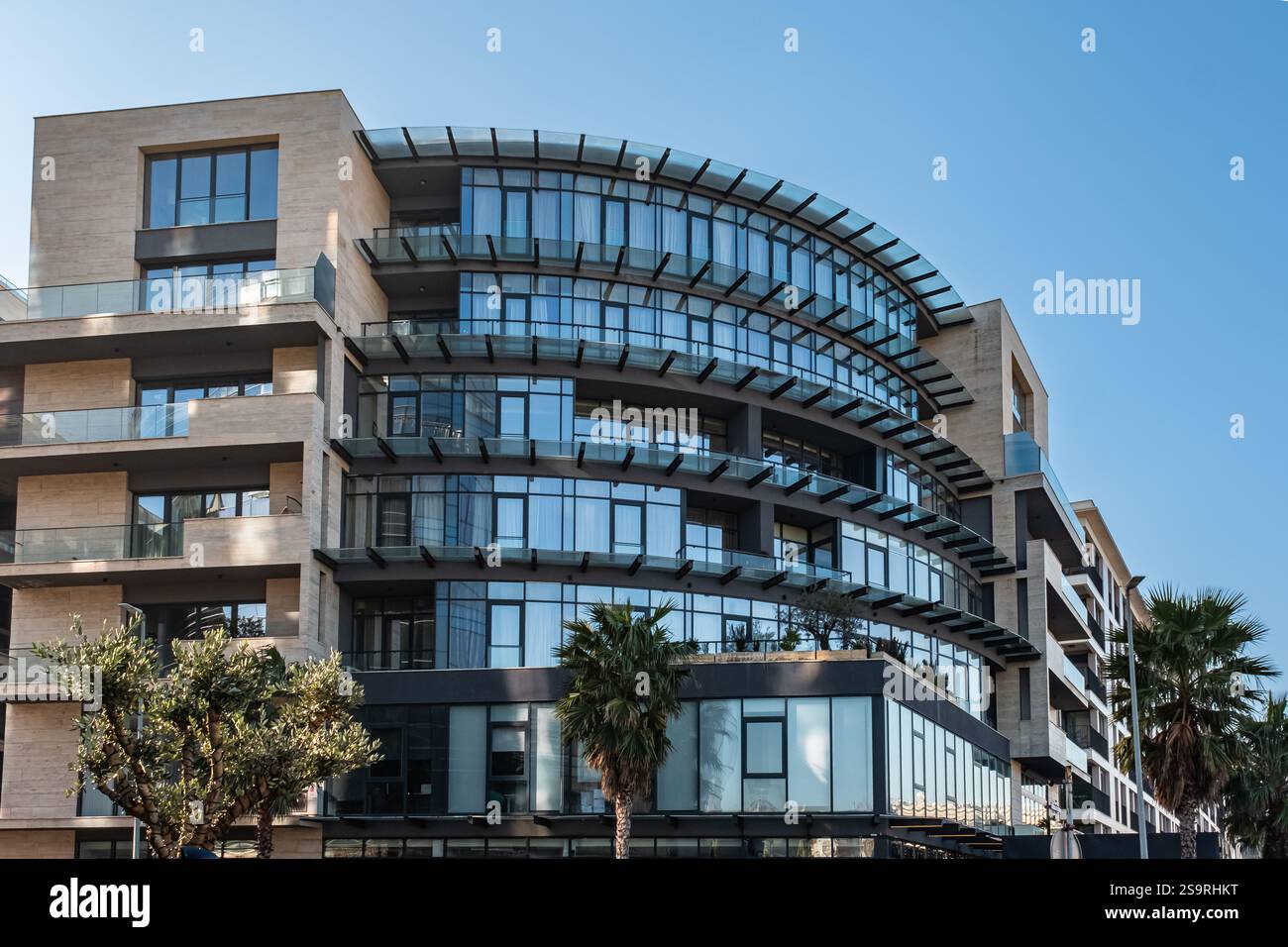 Modern residential flat apartment building exterior. Construction of ...