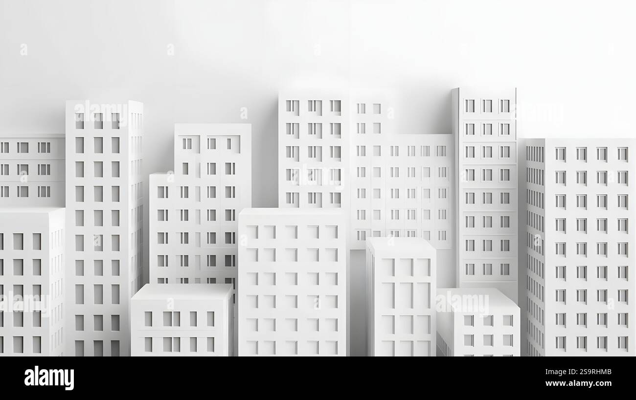 Minimalist monochrome cityscape featuring a grid-like layout of modular ...