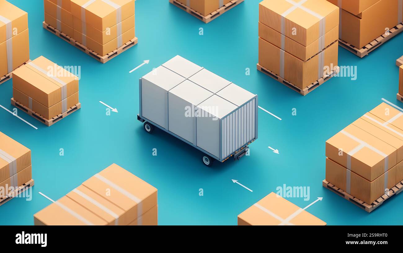 Isometric 3D of an organized warehouse layout featuring clear shipment ...