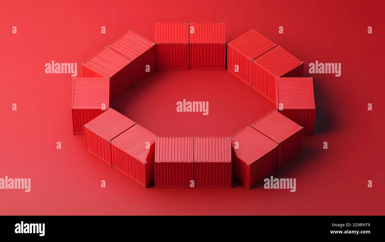 Interconnected modular shipping containers arranged in a circular formation,creating a central ...