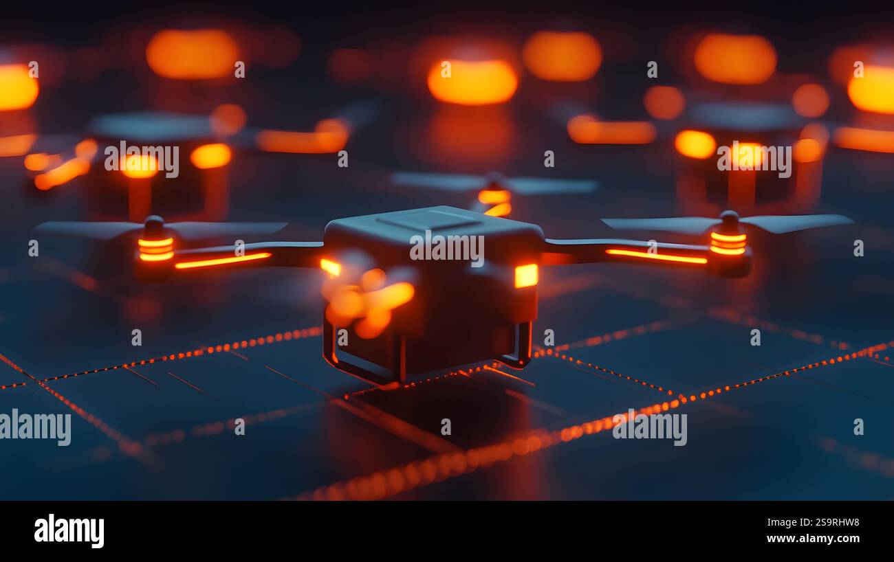 Futuristic 3D depicting a drone delivery network coordinating the ...