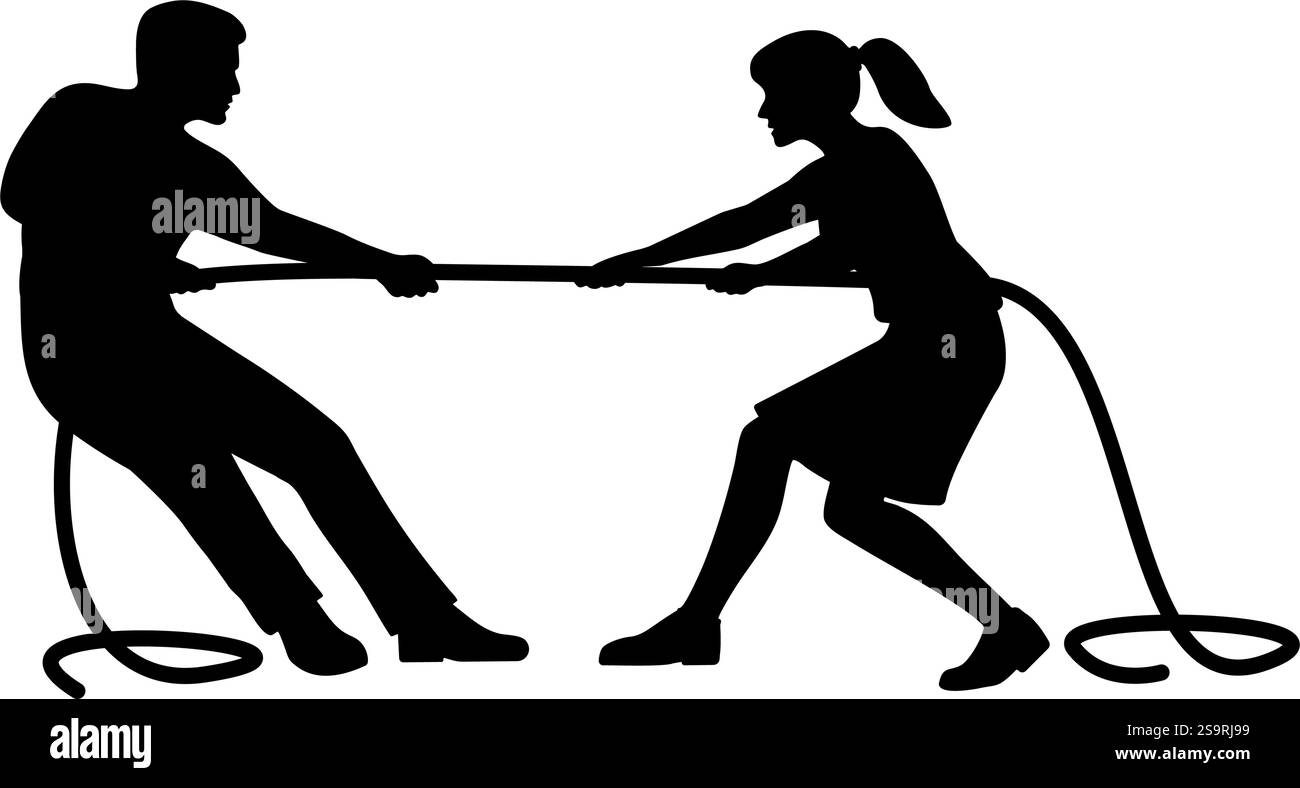 Silhouette of a man and a woman playing tug of war, pulling rope ...